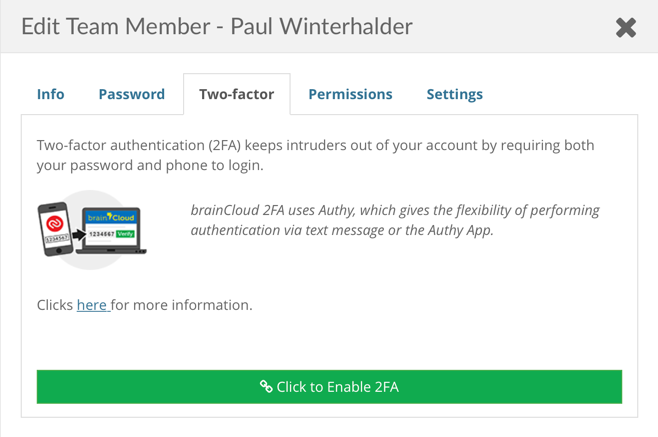 2FA for Team Members | brainCloud Docs