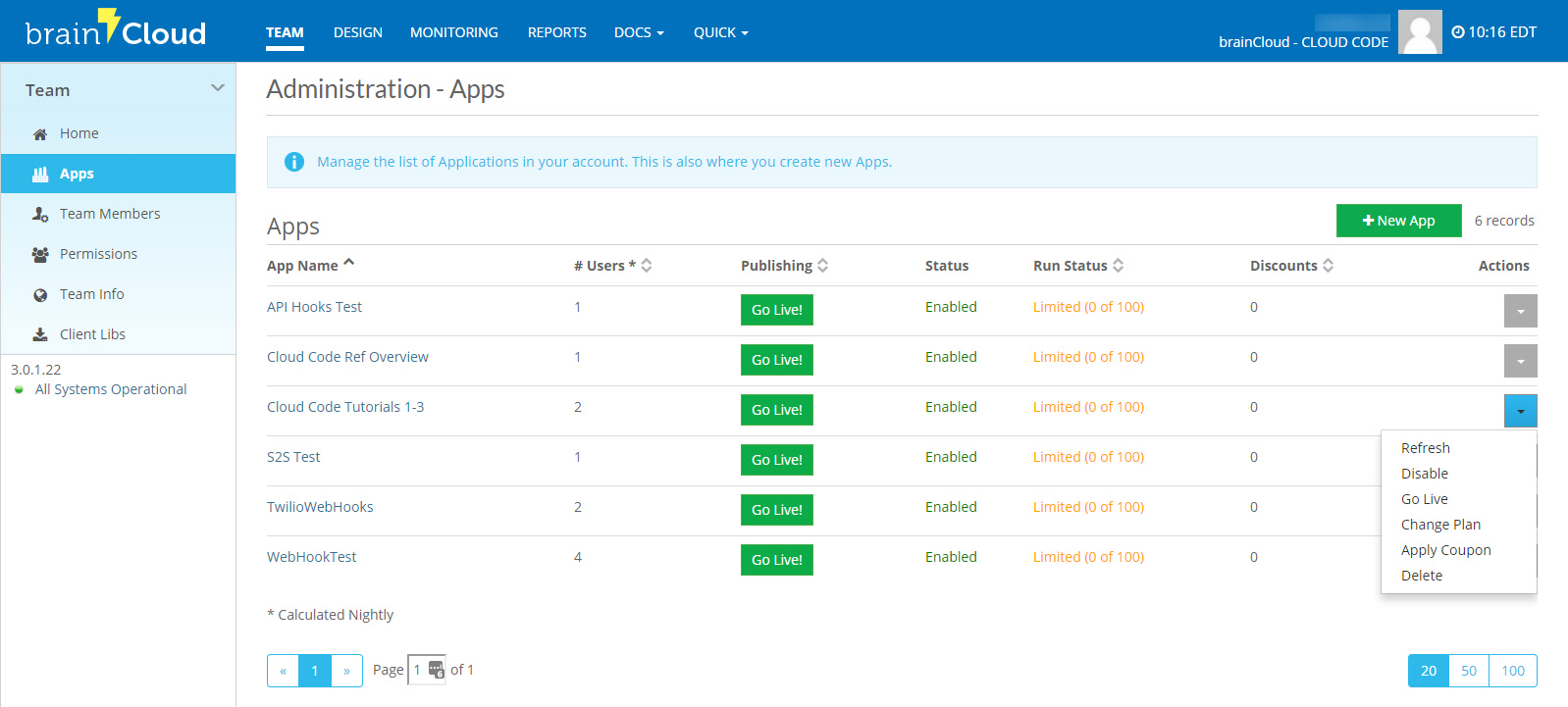 Managing Apps | brainCloud Docs